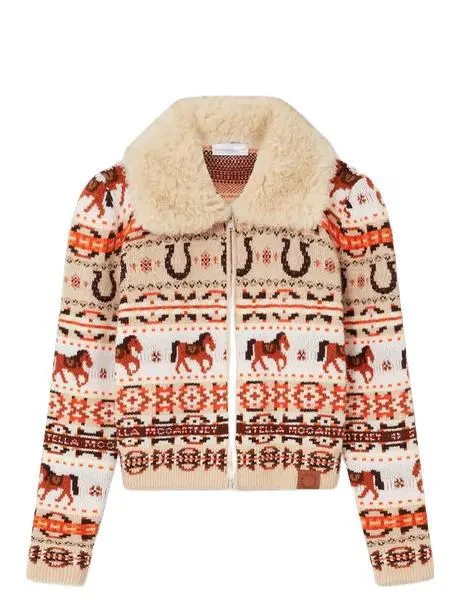 Stella McCartney Fair Isle Wool Cardigan With Plush Collar - Natural