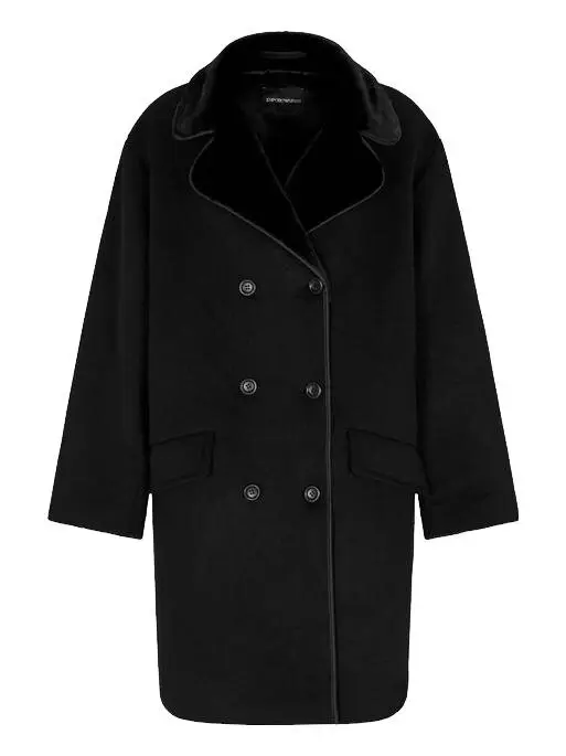 Emporio Armani Wool-blend Double-breasted Coat With Fur-effect Collar - Black