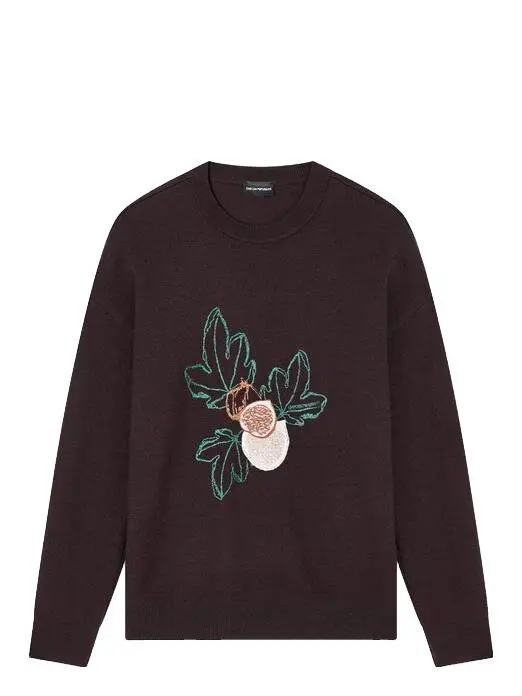 Emporio Armani Virgin Wool Jumper With Foliage Embroidery - Natural