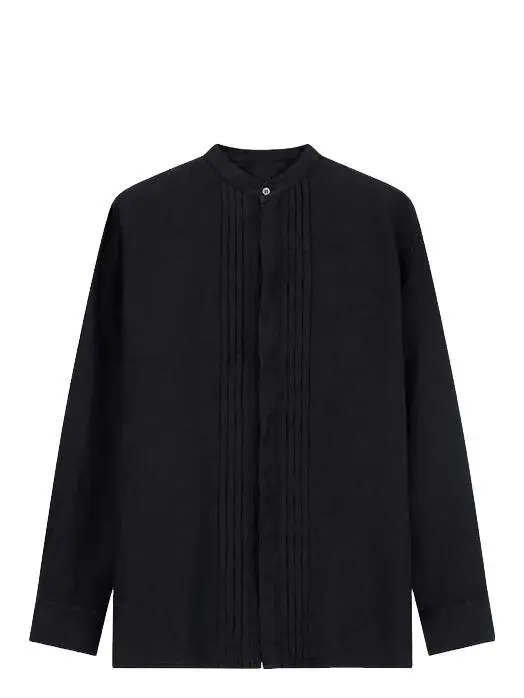 Emporio Armani Garment-dyed Linen Shirt With Guru Collar And Pleated Detail - Black