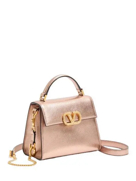 Valentino Garavani Vsling Mini Handbag In Laminated Grainy Calfskin With Jewel Logo - Natural