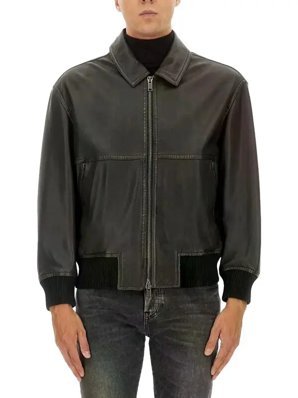 BOSS Leather Zip Jacket - Grey