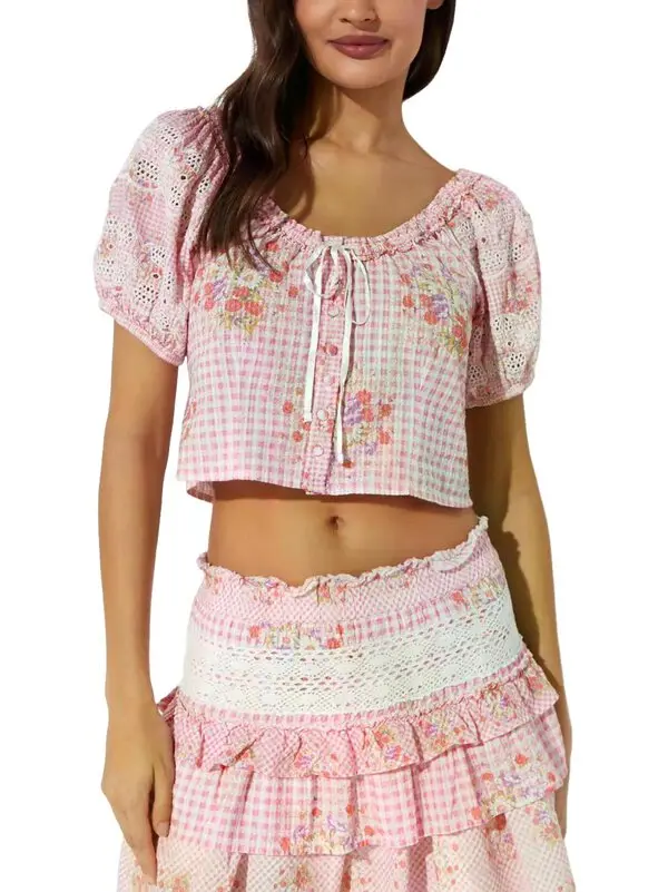 LoveShackFancy Checked-pattern Flower-embellishment Blouse - Pink