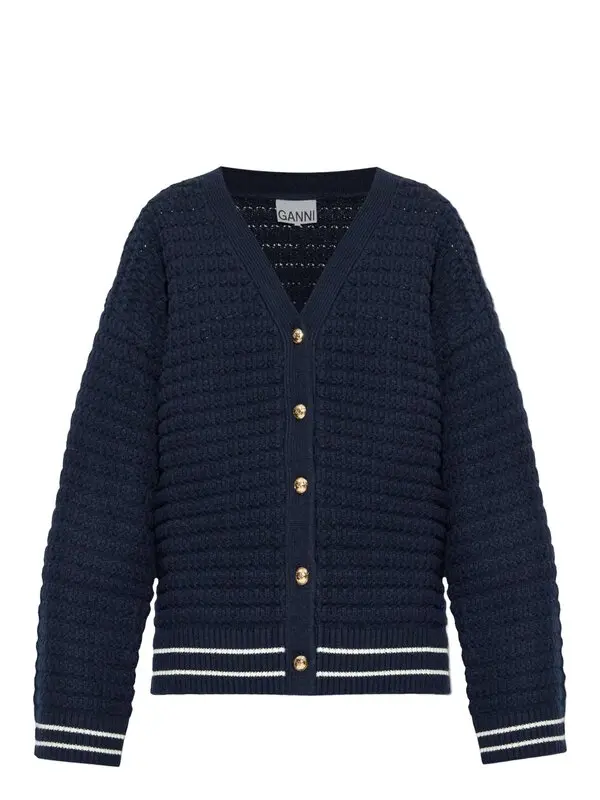 GANNI Cardigan With Wool Trim - Navy Blue