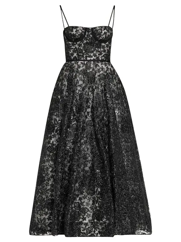 Giambattista Valli Floral Sequined Lace Bustier A-line Maxi Dress - Black