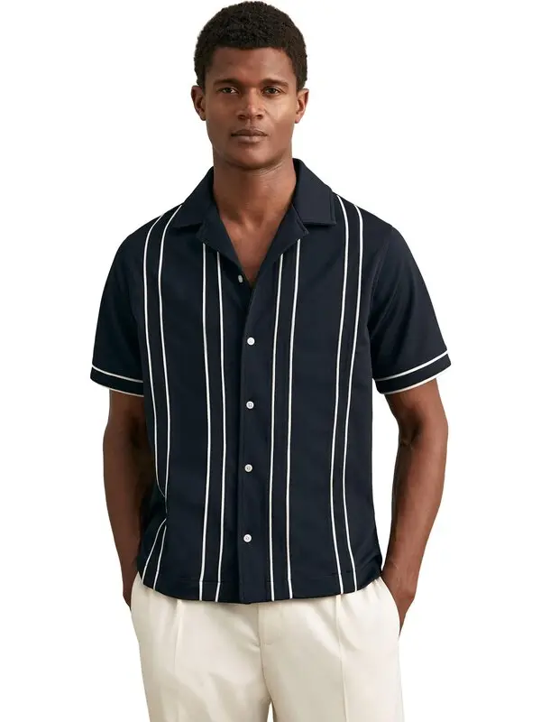 REISS Sander Piped-stripe Cuban-collar Shirt - Navy/white