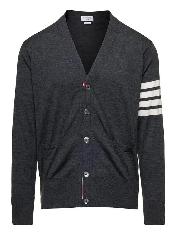 Thom Browne V-neck Wool Cardigan With Stripe Detail - Grey