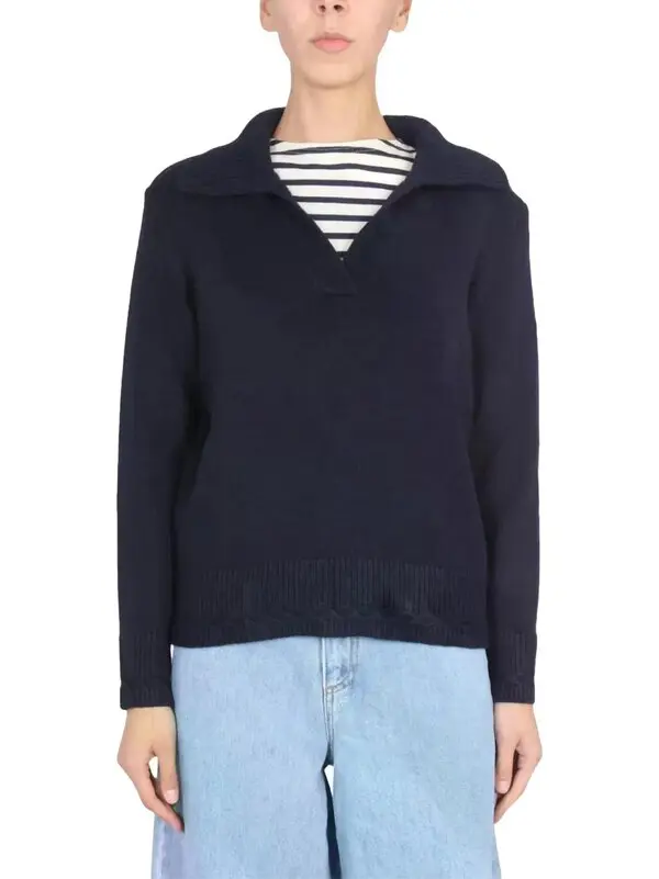 Saint James V-neck Sweater With Collar - Blue