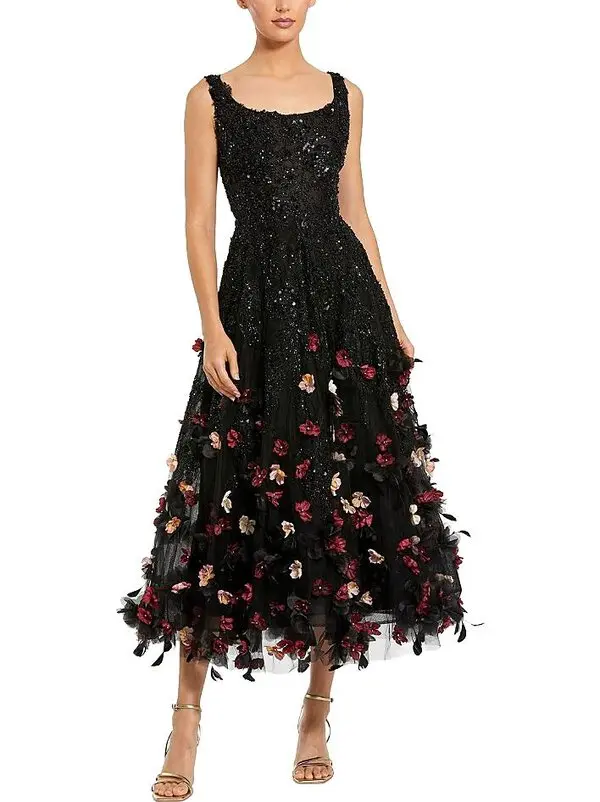Mac Duggal Beaded 3d Floral Applique Midi Dress - Black Multi