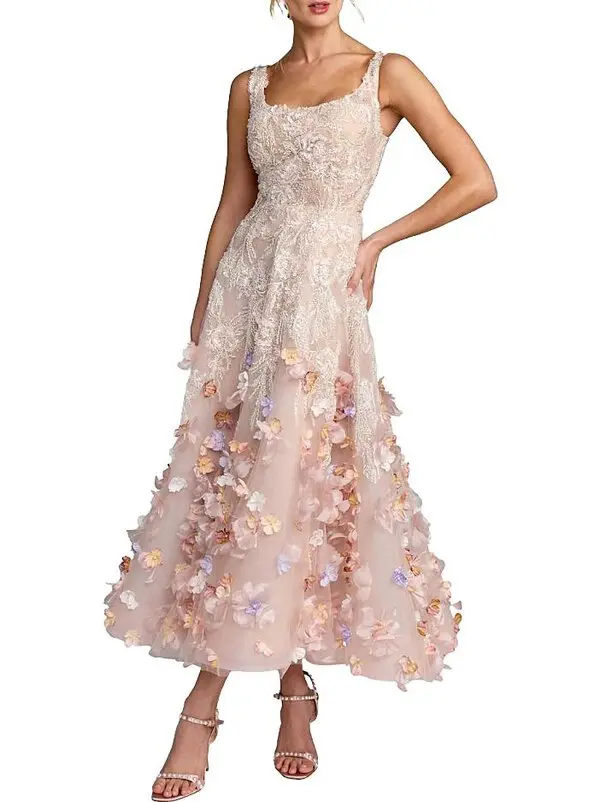 Mac Duggal Beaded 3d Floral Applique Midi Dress - Blush Multi