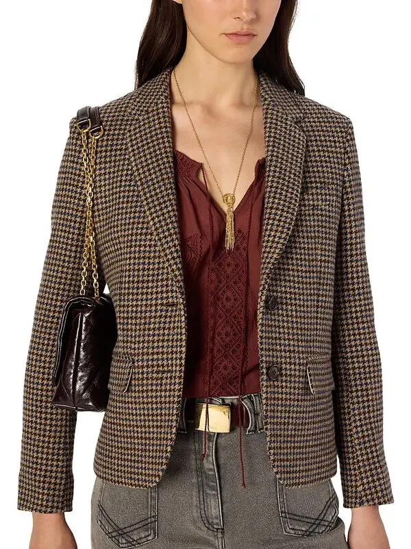 Gerard Darel Nathane Wool Houndstooth Blazer - Beige