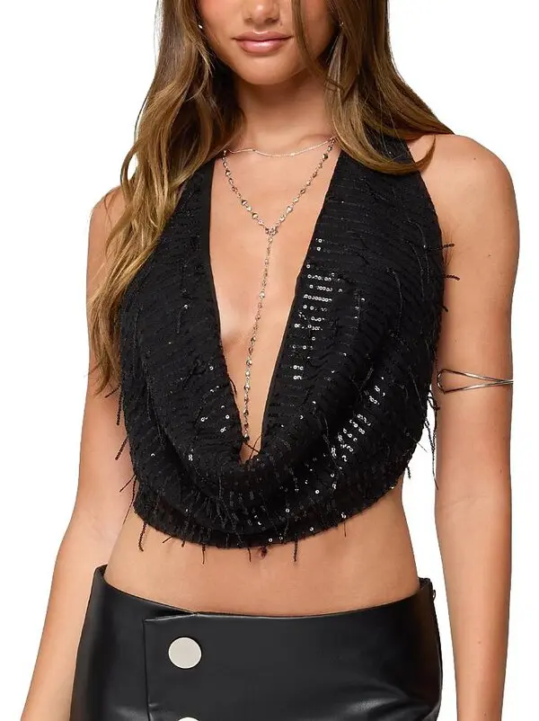 EDIKTED Fringed Sequin Halter Top - Black