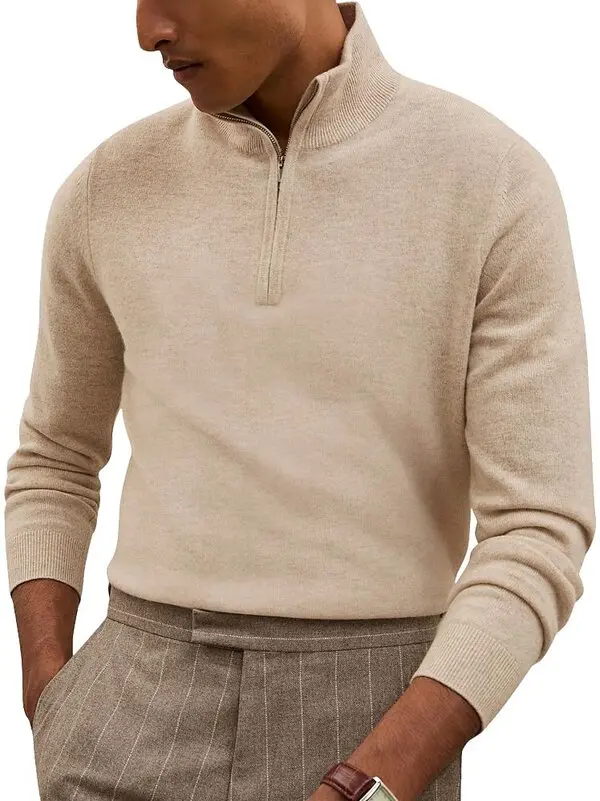 REISS Cashmere Half Zip Sweater - Oatmeal Melange