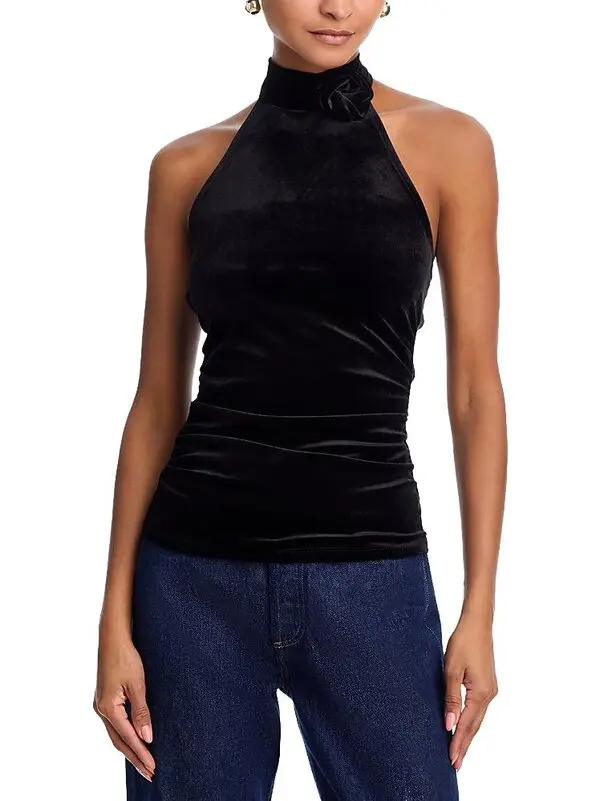 Aqua Rosette Velvet Halter Top - Black