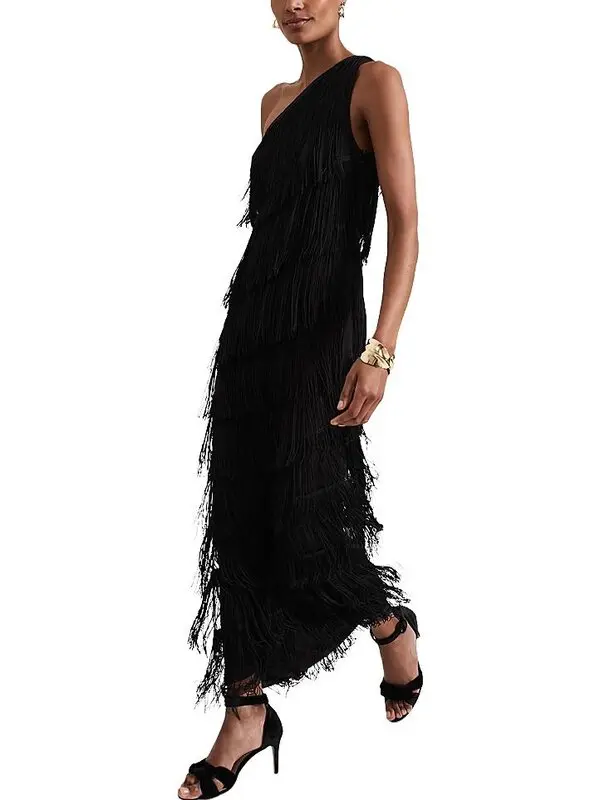 PHASE EIGHT Otto One-shoulder Fringe Maxi Dress - Black
