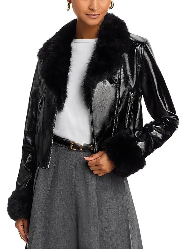 French Connection Camryn Crinkled Faux Leather Moto Jacket - Black