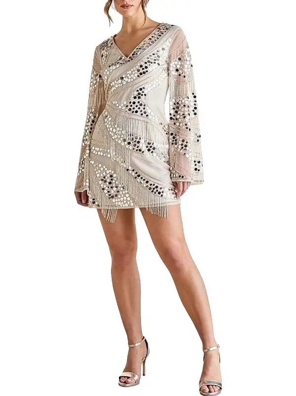 Coast Sequin Mini Dress With Flare Sleeves - Natural