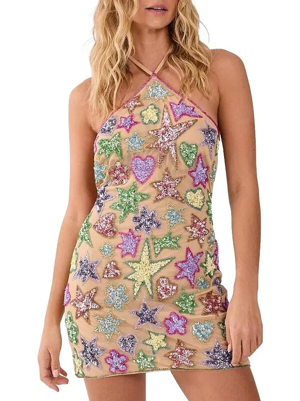 Nasty Gal Embellished Halter Mini Dress - Nude