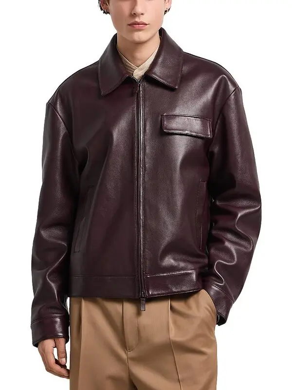 Emporio Armani Leather Zip-up Jacket - Solid Dark
