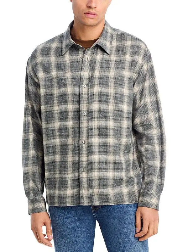 FRAME Cotton Straight Hem Plaid Button Down Shirt - Grey Plaid