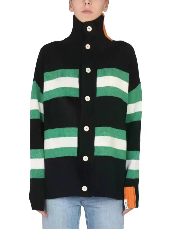 RIGHT FOR Striped Buttoned Cardigan - Black