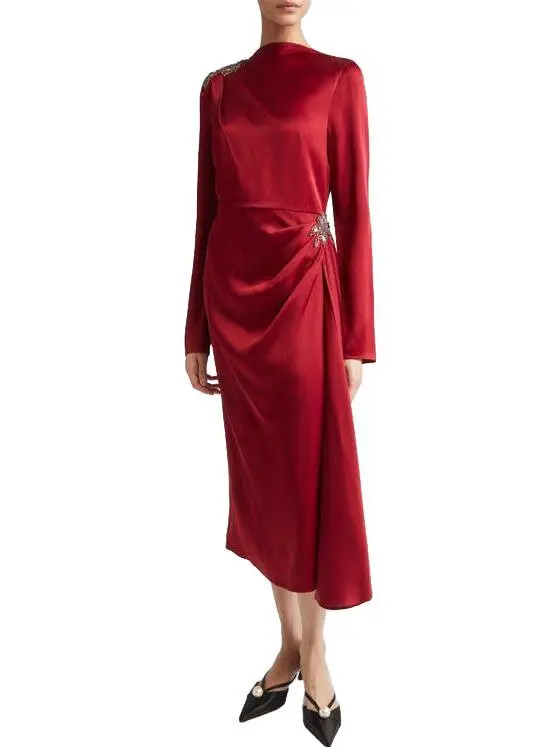 Erdem Crystal Embellished Long Sleeve Satin Dress - Ruby Red