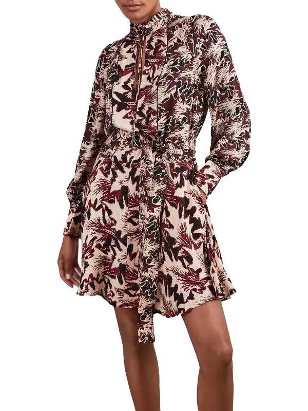 REISS Lora Floral Print Tie Waist Dress - Burgundy/cream