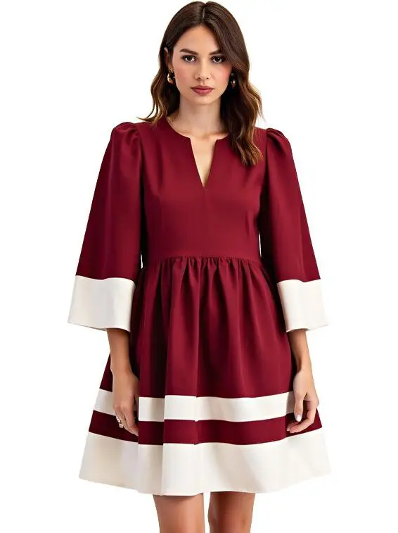 MODENAIRE Fit And Flare Mini Dress With Contrast Cuff - Burgundy