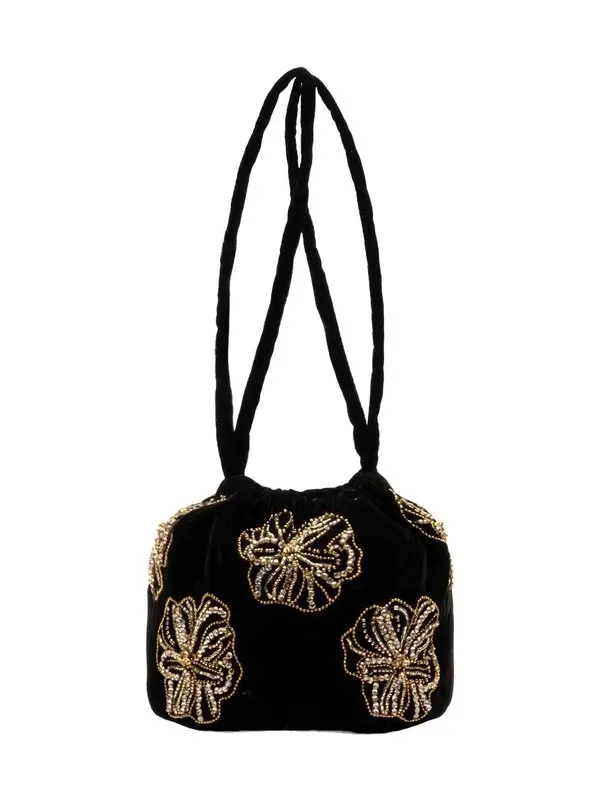 FRANCES VALENTINE Floral Embroidered Velvet Pouch - Black/gold