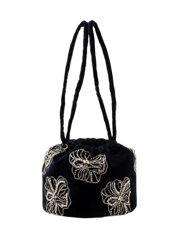 FRANCES VALENTINE Floral Embroidered Velvet Pouch - Navy/silver