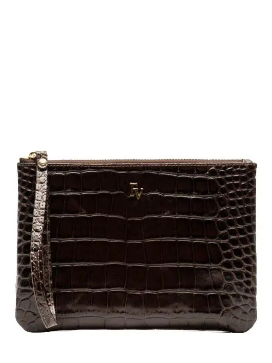 FRANCES VALENTINE Croc Embossed Leather Wristlet - Brown
