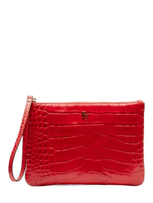 FRANCES VALENTINE Croc Embossed Leather Wristlet - Red