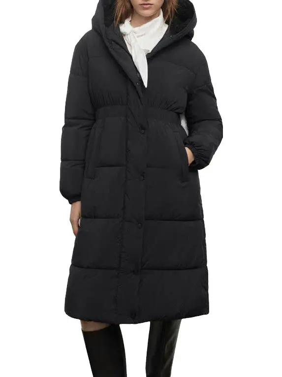 Mango Quilted Hooded Coat With Faux Shearling Trim - Black