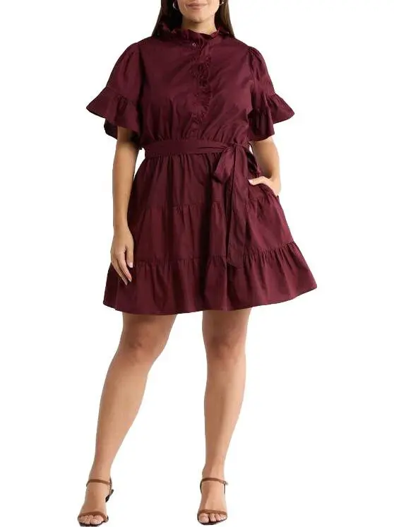 SUGARLIPS Ruffle Tie Waist Dress - Merlot
