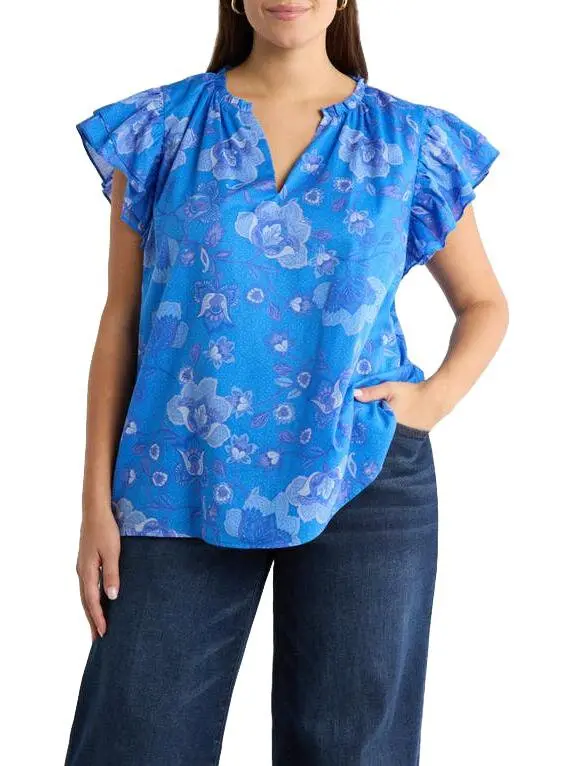 SUGARLIPS Selma Floral Ruffle Top - Cobaltblue