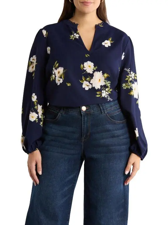 SUGARLIPS Floral Split-neck Top - Navy-pink