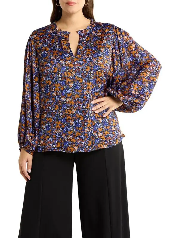 SUGARLIPS Floral Print Tie-neck Top - Blue-rust