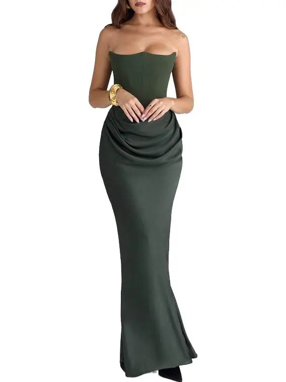 House Of Cb Persephone Strapless Evening Dress - Green Crepe