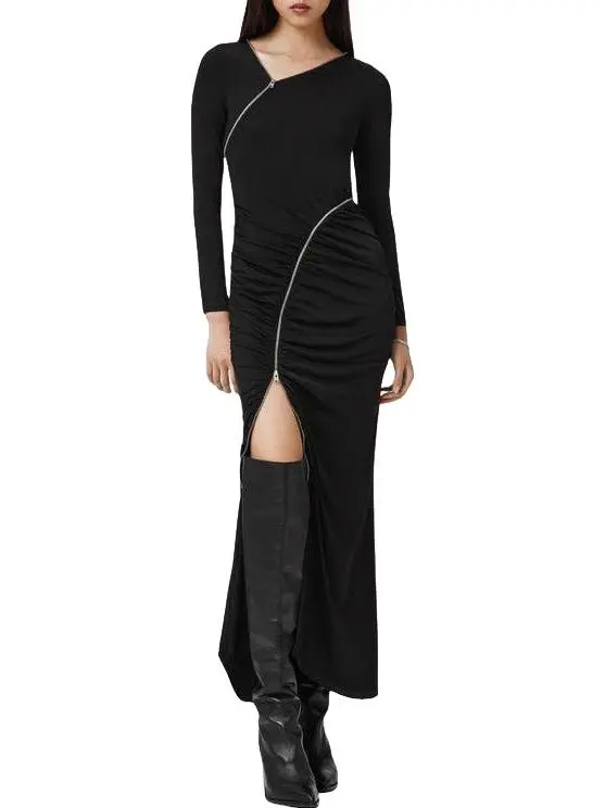 ALLSAINTS Elsie Zipper Long Sleeve Maxi Dress - Black