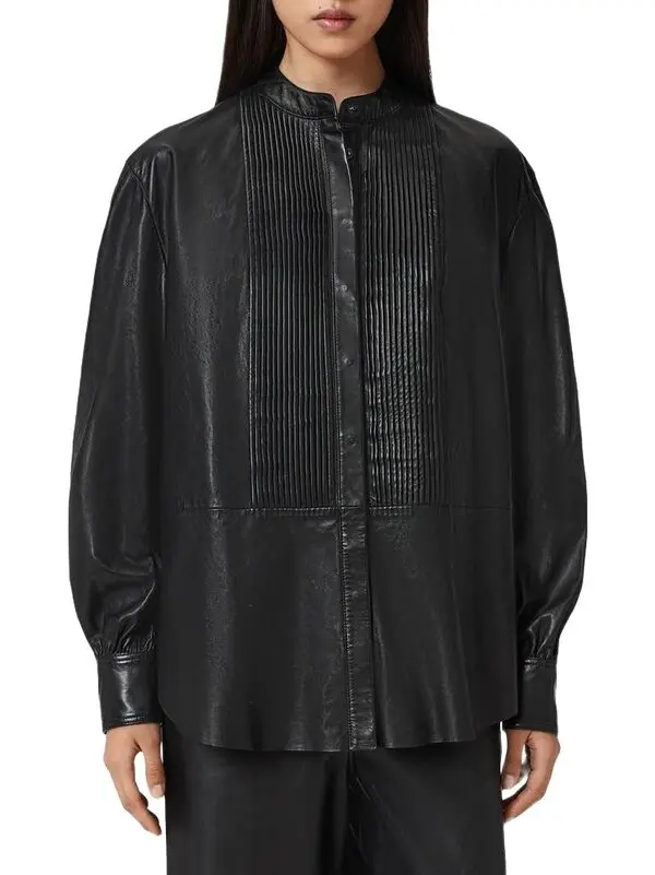 ALLSAINTS Sara Pintuck Leather Shirt - Black