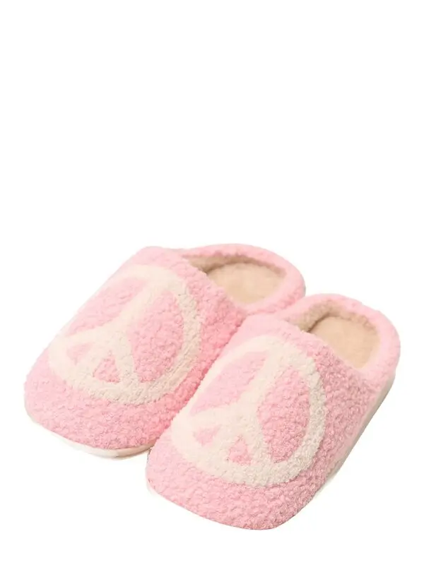 MALIBU SUGAR Plush Peace Symbol Slippers - Pink & White