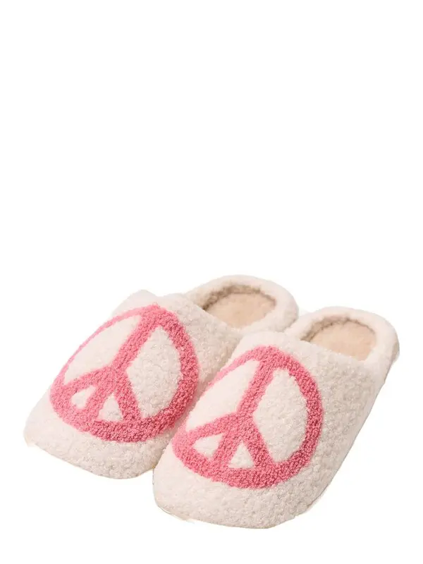 MALIBU SUGAR Plush Peace Symbol Slippers - White & Pink