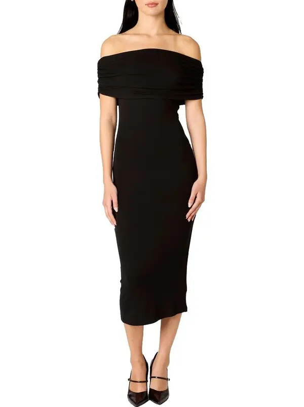 NIA Off-the-shoulder Body-con Midi Dress - Black