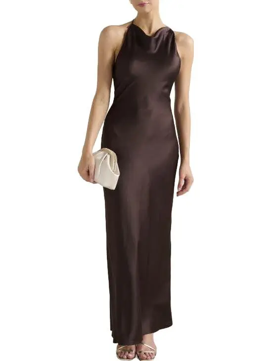 EVER NEW Open Back Halter Gown - Dark Chocolate