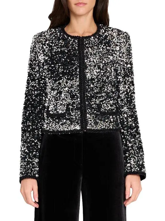 TAHARI ASL Corded Braid Trim Sequined Jacket - Silver Black