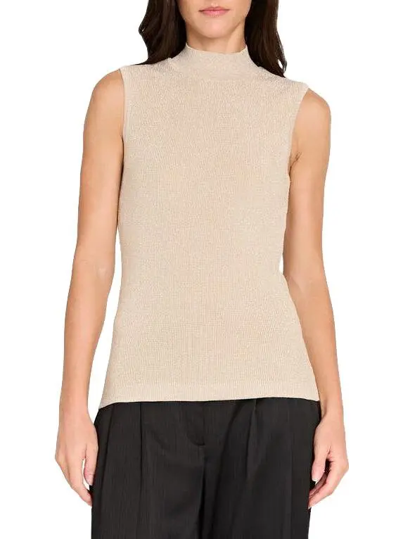 TAHARI ASL Metallic Sparkle Sleeveless Mock Neck Sweater - Champagne