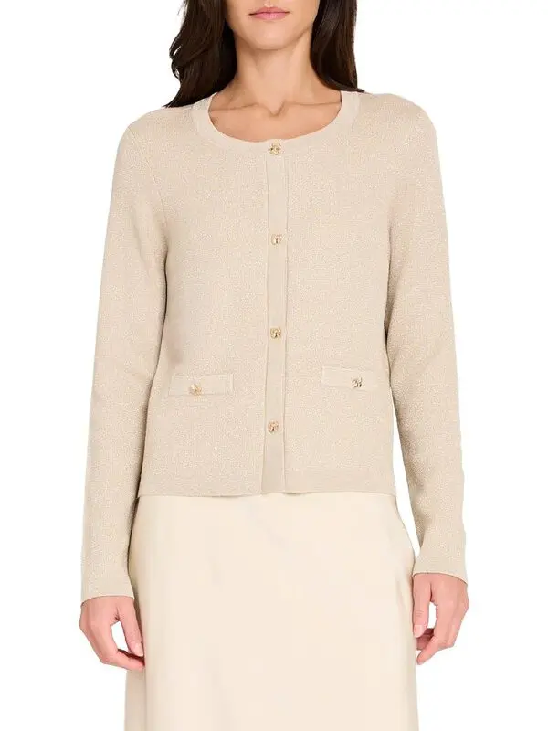 TAHARI ASL Metallic Cardigan With Bow Button Detail - Champagne