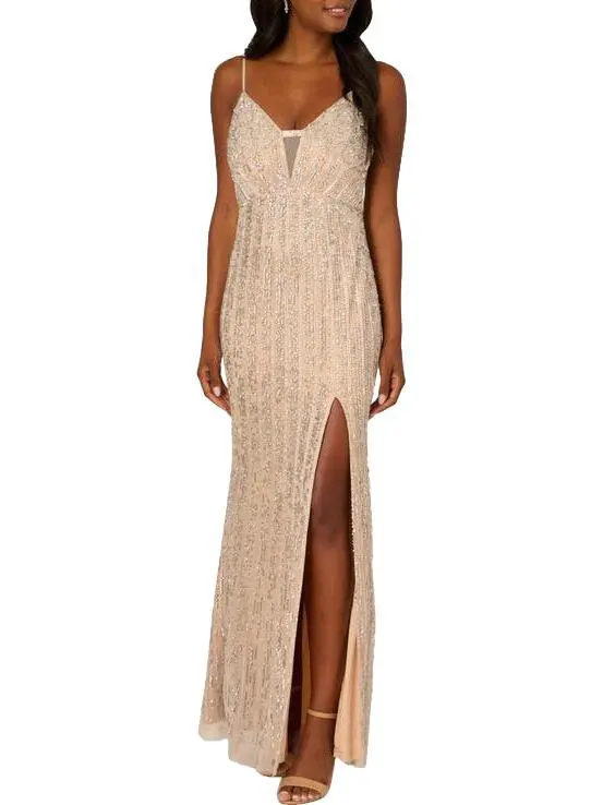 Adrianna Papell Beaded Column Gown - Silver/beige