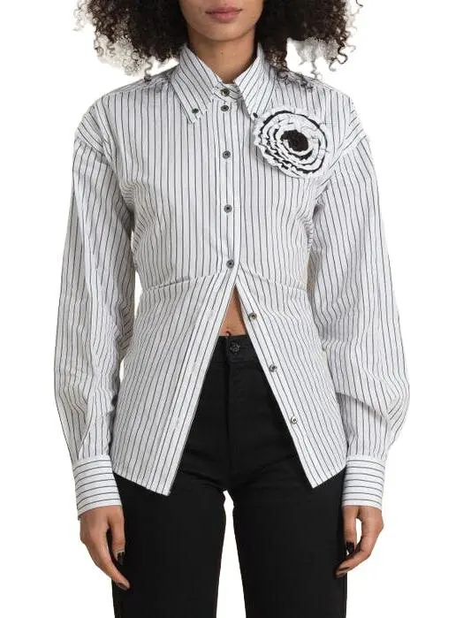 CONTESSA MILLS Striped Oxford Shirt With Satin Ribbon - White And Black