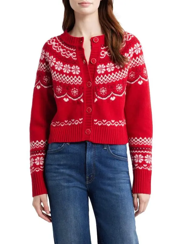 LoveShackFancy Shantae Fair Isle Merino Wool Cardigan - Red Velvet Truffle